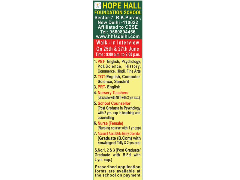 Openings | Hope Hall Foundation School